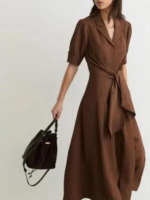 REISS Tessera Short-sleeve Belted Midi Dress With Linen - Rust Orange