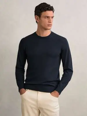 REISS Merino Wool Crew Neck Jumper Midnight Navy