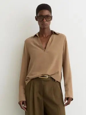 REISS Matte-silk Open-collar Blouse - Camel