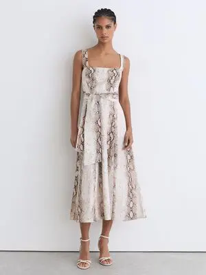 REISS Linen-blend Snake-print Midi Dress - Neutral