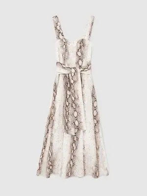 REISS Linen-blend Snake-print Midi Dress - Neutral