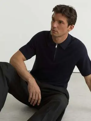 REISS Textured-knit Half-zip Polo Shirt - Navy