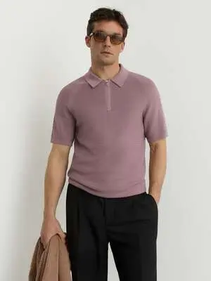 REISS Textured-knit Half-zip Polo Shirt - Plum