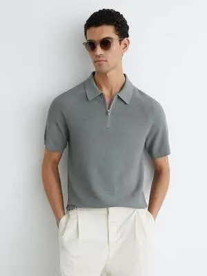 REISS Textured-knit Half-zip Polo Shirt - Sage