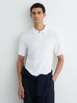 REISS Textured-knit Half-zip Polo Shirt - White