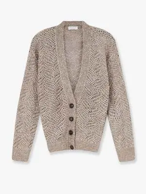 Brunello Cucinelli Mohair Blend Cardigan With Iconic Dazzling Motif - Grey