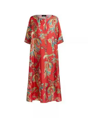 Etro Long Tunic Dress In Silk Twill With Paisley Foliage Motif - Red