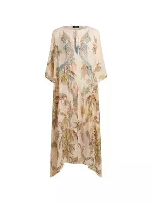 Etro Crepon Kaftan With Embroidery And Paisley Foliage Motif - Neutrals