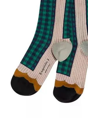 EXQUISITE J Check-pattern Ribbed Socks - Neutrals