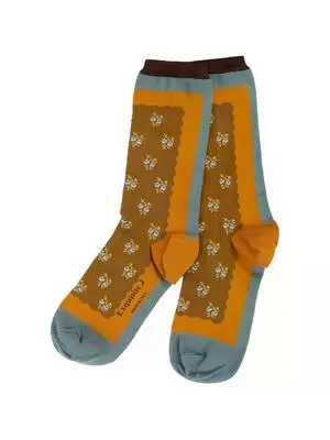 EXQUISITE J Floral-pattern Ribbed Socks - Brown
