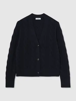 REISS Wool-cashmere Cable-knit Cardigan - Navy