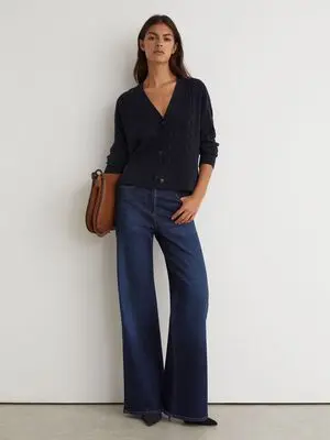 REISS Wool-cashmere Cable-knit Cardigan - Navy