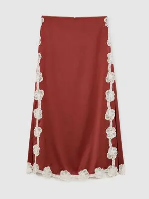 REISS Satin Midi Skirt With Floral Lace Trim