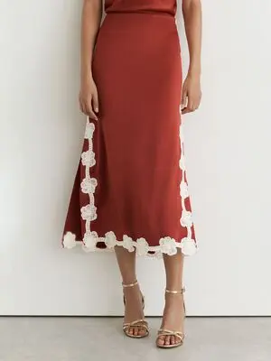 REISS Satin Midi Skirt With Floral Lace Trim