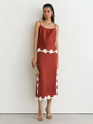 REISS Satin Midi Skirt With Floral Lace Trim