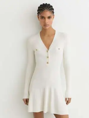 REISS Lavelle Knitted Button-detail Mini Dress - Cream