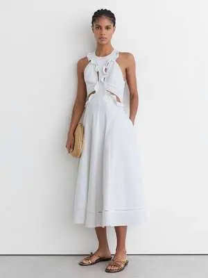 REISS Striped Ruffle-trim Midi Dress - White