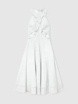 REISS Striped Ruffle-trim Midi Dress - White/grey