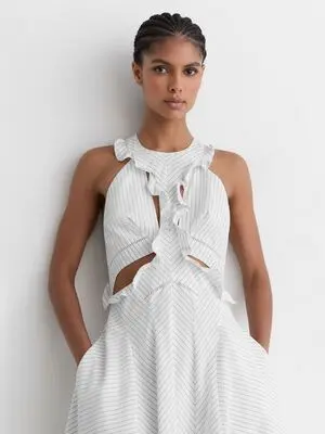 REISS Striped Ruffle-trim Midi Dress - White/grey