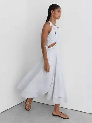 REISS Striped Ruffle-trim Midi Dress - White/grey