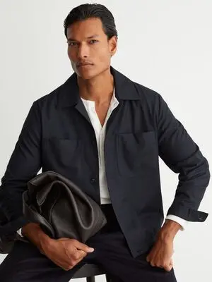 REISS Brushed Twin-pocket Overshirt With Wool - Navy