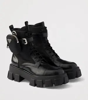 Prada Leather & Re-nylon Monolith Combat Boots - Black