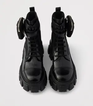 Prada Leather & Re-nylon Monolith Combat Boots - Black