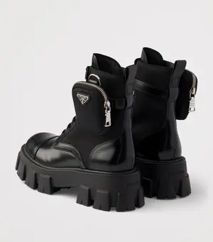 Prada Leather & Re-nylon Monolith Combat Boots - Black