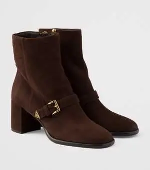 Prada Suede Buckle Ankle Boots - Brown