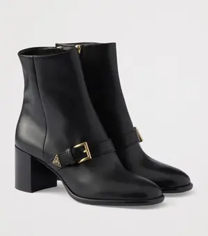 Prada Leather Buckle Ankle Boots - Black