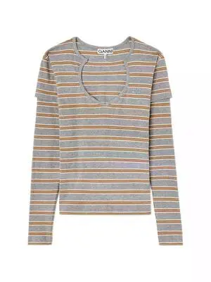 GANNI Striped Cut-out Top - Grey