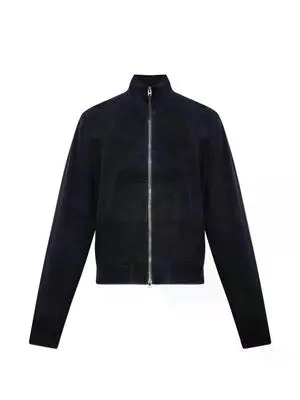 TOM FORD Suede Front Merino Full Zip Cardigan - Blue