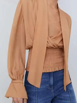 REISS Sheer Tie-neck Shirred Blouse