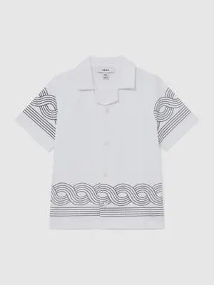 REISS White & Navy 3-9 Yrs Cotton Embroidered Cuban-collar Shirt - White/navy
