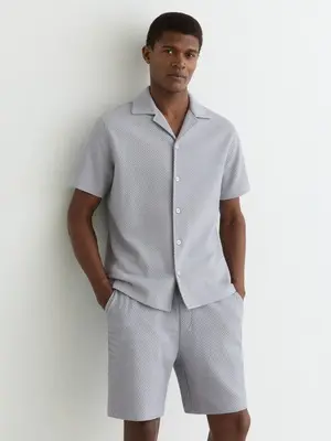 REISS Textured Jacquard Cuban-collar Shirt - Soft Blue