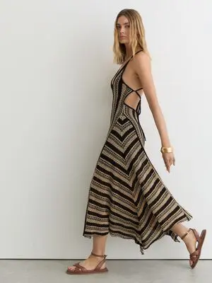 REISS Crochet-knit Striped Tie-back Maxi Dress - Black/beige