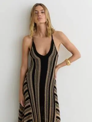 REISS Crochet-knit Striped Tie-back Maxi Dress - Black/beige