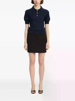Alessandra Rich Navy Pointelle-knit Puff-sleeve Polo Top