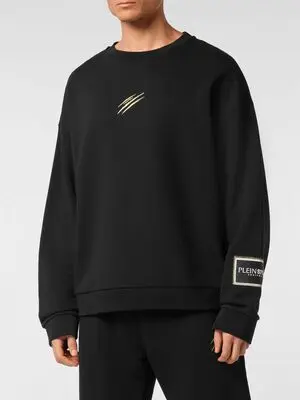 PLEIN SPORT Crewneck Cotton Sweatshirt With Laminated Contrast Logo - Black