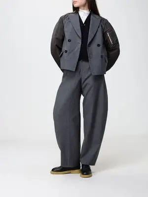 Sacai Slim Fit Double-breasted Short Coat In Wool With Nylon Inserts - Grey