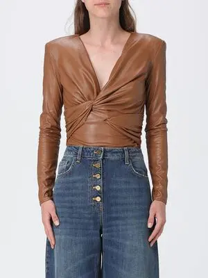Elisabetta Franchi Long-sleeved Faux Leather Draped Top - Brown