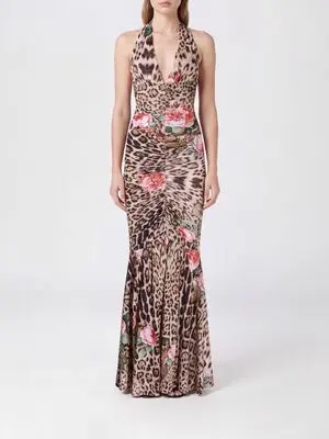 Roberto Cavalli Animal Print Jersey Long Sheath Dress With Halter Neck
