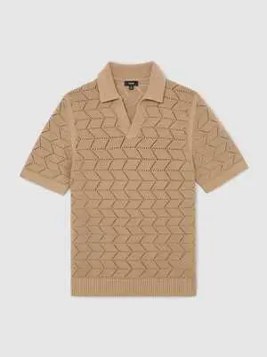 REISS Pointelle-knit Open-collar Polo Jumper
