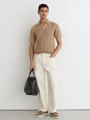 REISS Pointelle-knit Open-collar Polo Jumper