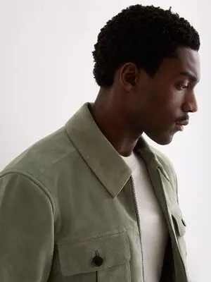 REISS Suede Zip-through Jacket With Four Pockets