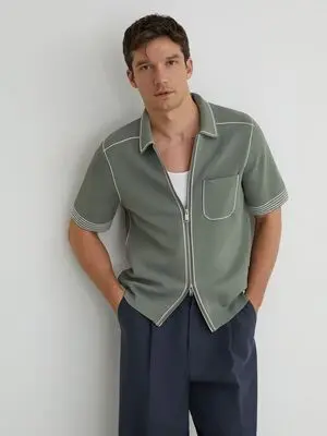 REISS Stitch-detail Zip-through Knit Shirt - Sage