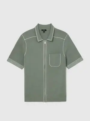 REISS Stitch-detail Zip-through Knit Shirt - Sage