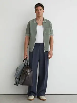 REISS Stitch-detail Zip-through Knit Shirt - Sage