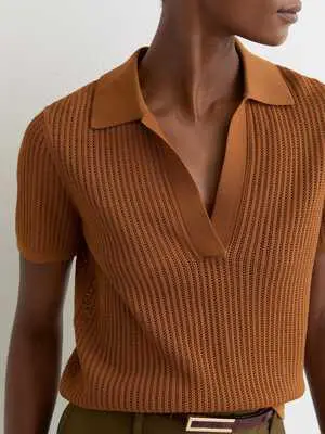 REISS Open-stitch Knitted Polo Top - Rust Orange