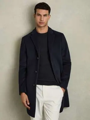 REISS Blue Wool Single Breasted Overcoat - Navy